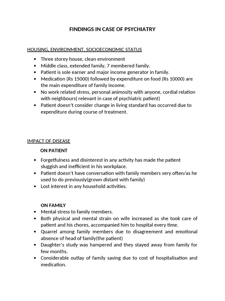 Findings in Case of Psychiatry | PDF