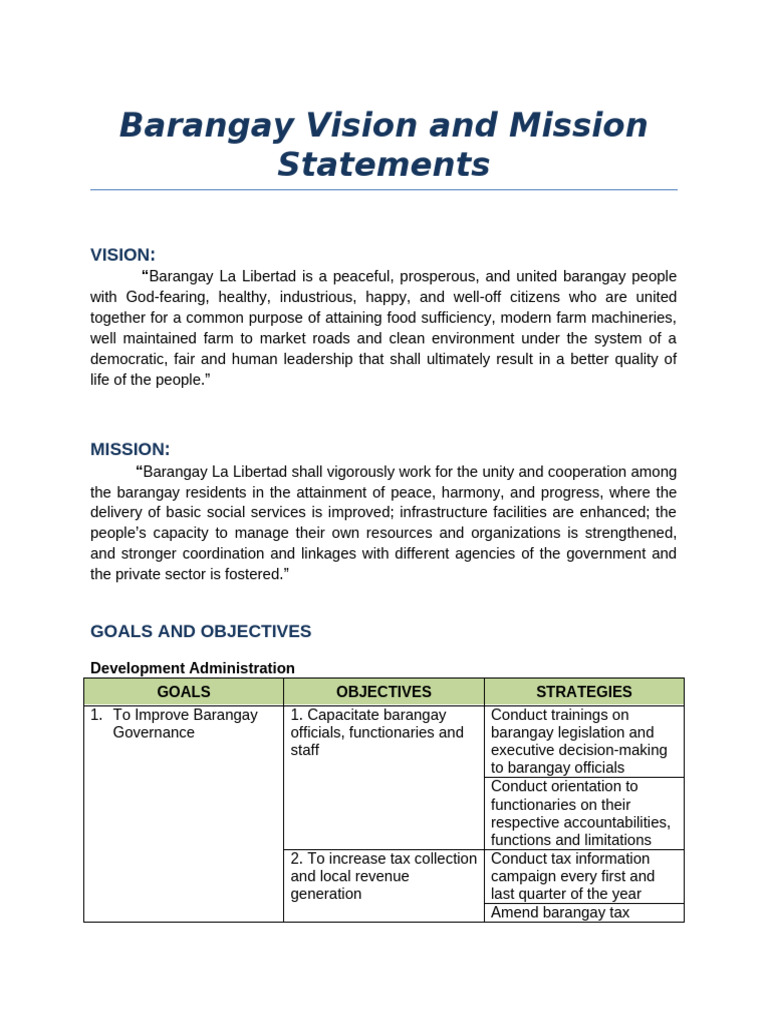 Barangay Vision and Mission Statements | PDF
