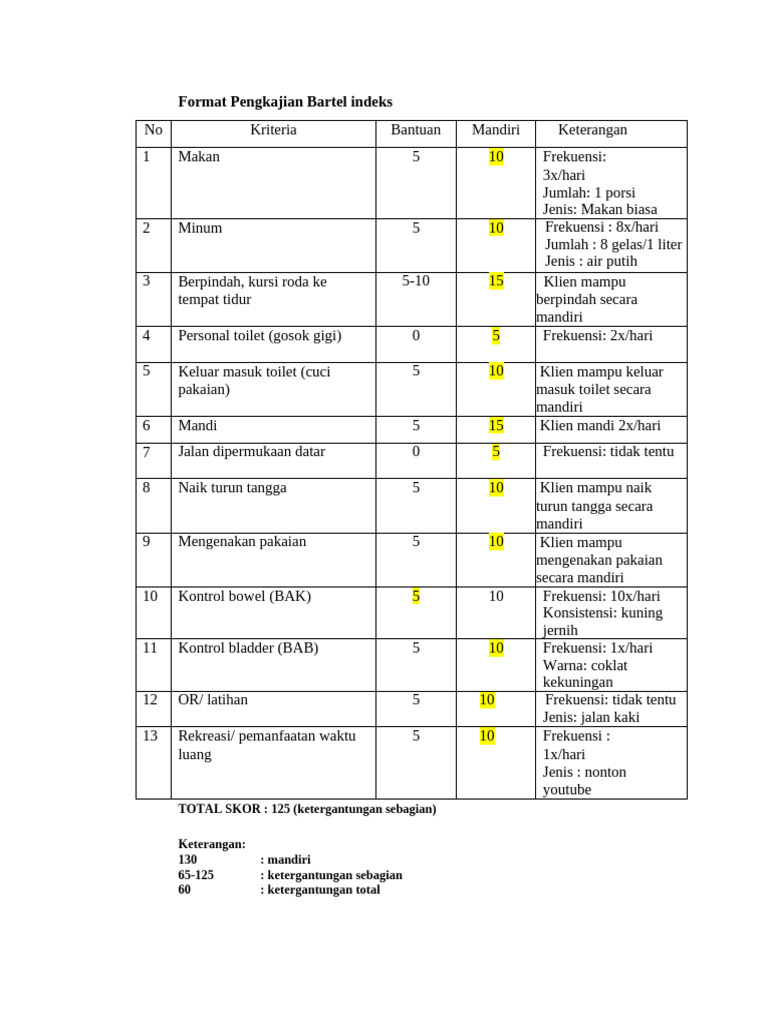 Format Pengkajian Bartel Indeks | PDF