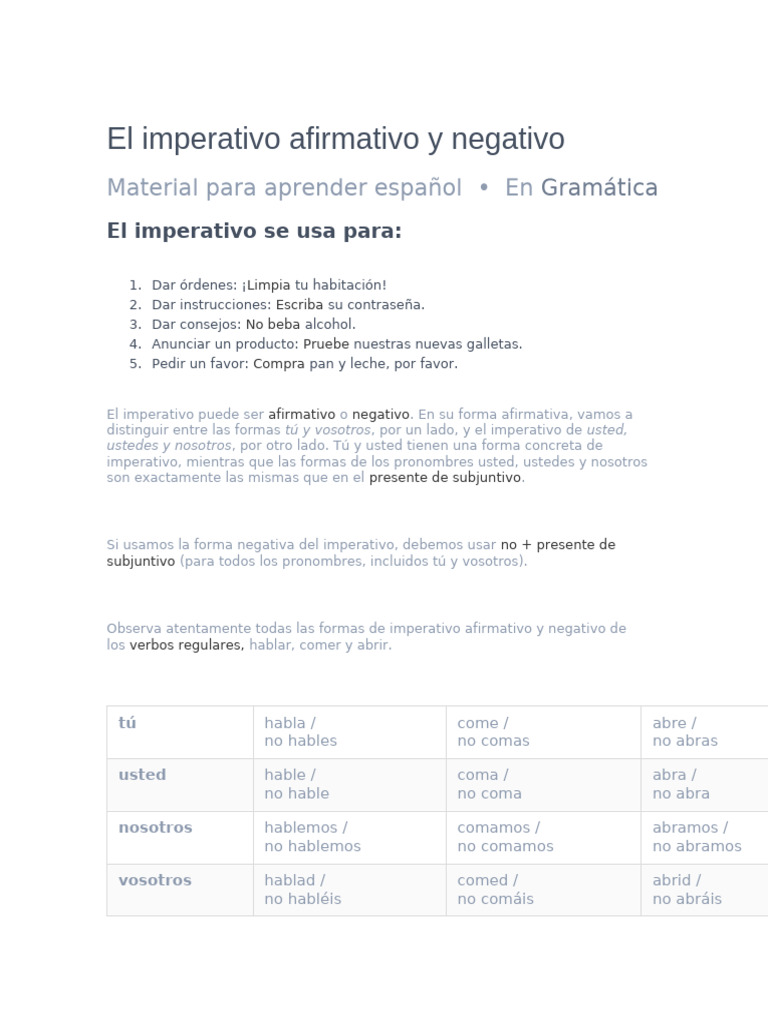 Imperativo Afirmativo y Negativo en Español | PDF | Verbo | Artes del ...