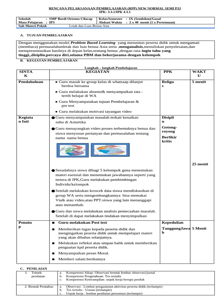 RPP Ips Kelas 9 Semester 1 2021 | PDF