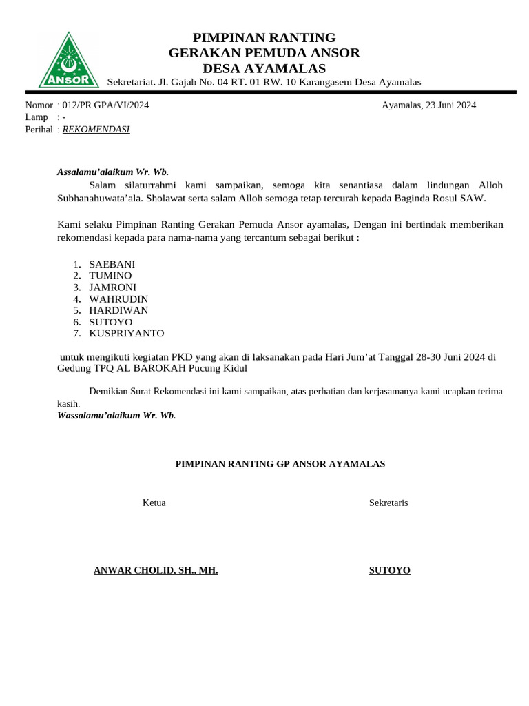 Surat Rekomendasi Ansor | PDF