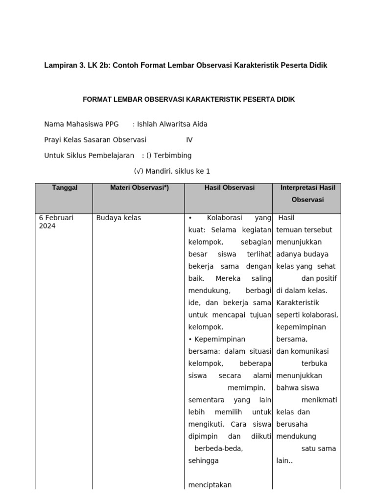 SIKLUS 1 Lampiran 3. LK 2b Contoh Format Lembar Observasi Karakteristik ...
