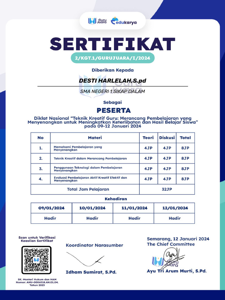 DESTI HARLELAH, S.PD SERTIFIKAT DIKNAS GURUJUARA 09-12 Jan'24 | PDF