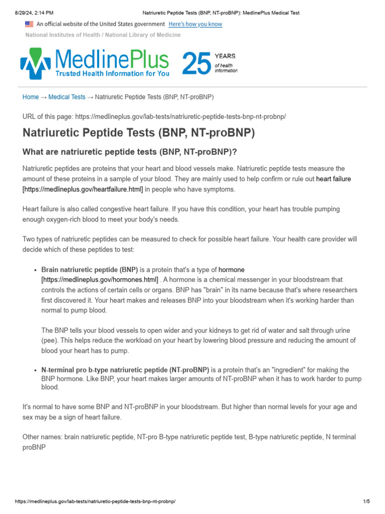 Natriuretic Peptide Tests (BNP, NT-proBNP) - MedlinePlus Medical Test | PDF