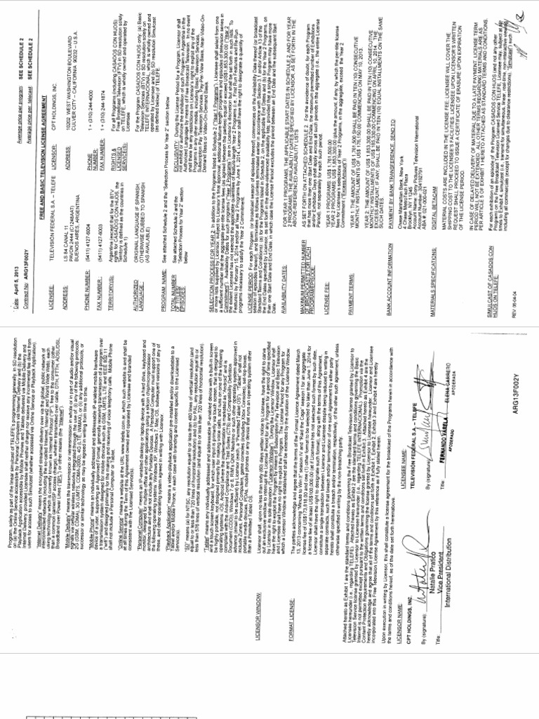 Telefe - CPT Holdings Free and Basic Television License Agreement | PDF