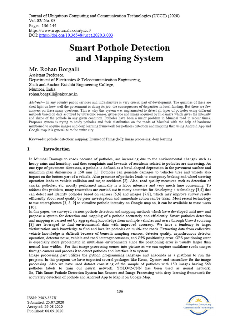 Smart Pothole Detection and Mapping Syst | PDF