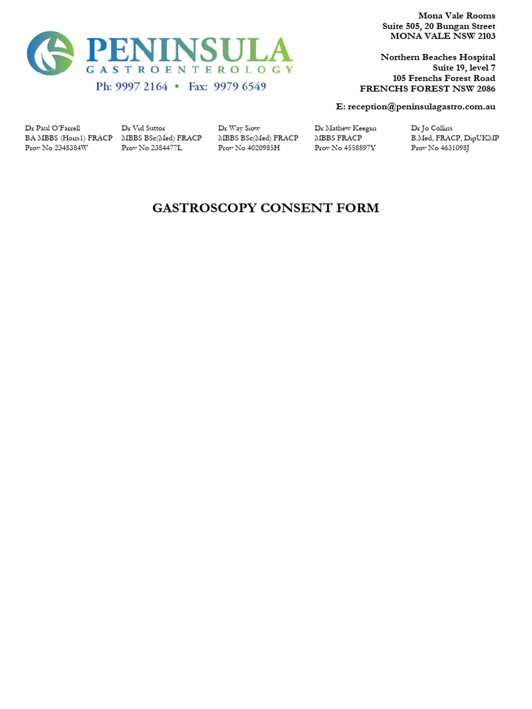 Gastroscopy Consent Form Guide | PDF | Endoscopy | Medical Specialties