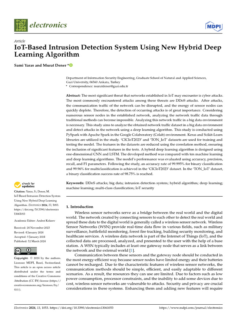 Electronics: Iot-Based Intrusion Detection System Using New Hybrid Deep ...