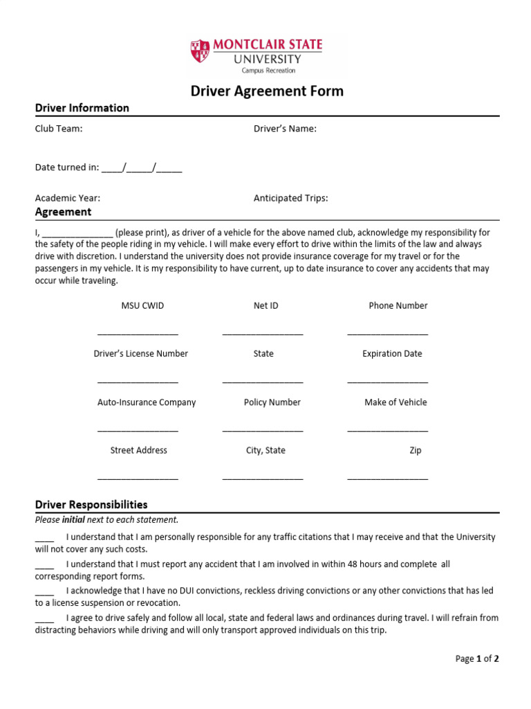 BLANK Driver Agreement Form 2018 | PDF | Driving Under The Influence ...