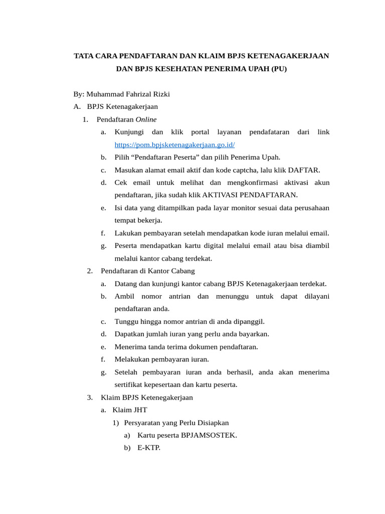 Tata Cara Pendaftaran BPJS Ketenagakerjaan Dan BPJS Kesehatan Penerima Upah | PDF | Business ...