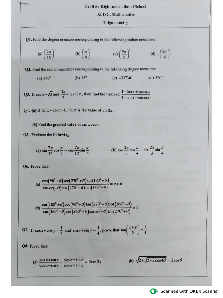Maths ISC Trigonometry Worksheet | PDF