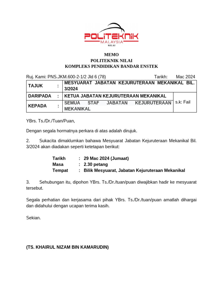 Memo Mesyuarat JKM Bil 3 2024 | PDF
