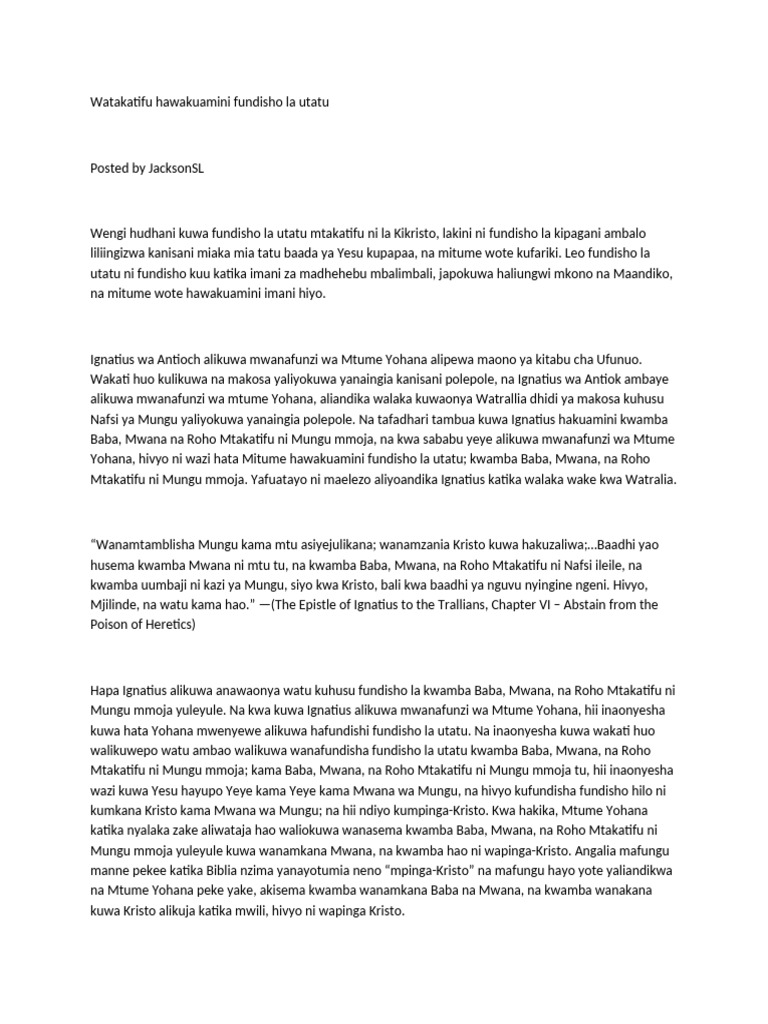 Watakatifu Hawakuamini Fundisho La Utatu | PDF