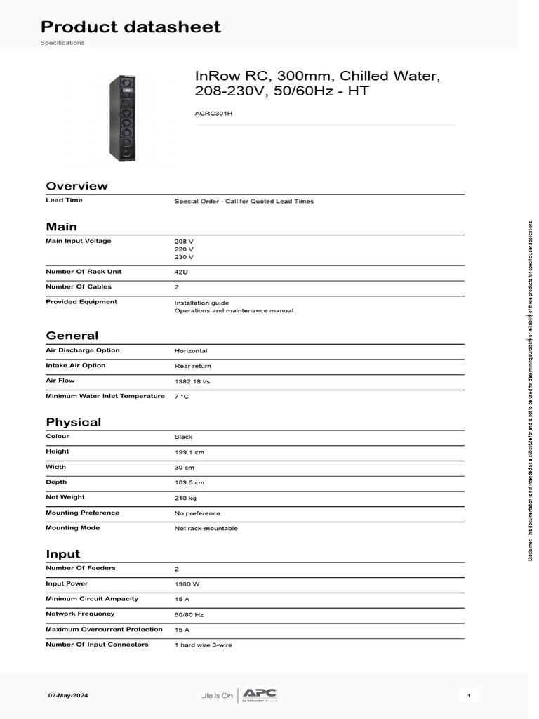 APC - Uniflair Chilled Water InRow Cooling - ACRC301H | PDF
