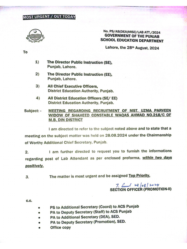 Meeting Regarding Recruitment of Mst. Uzma Parveen | PDF