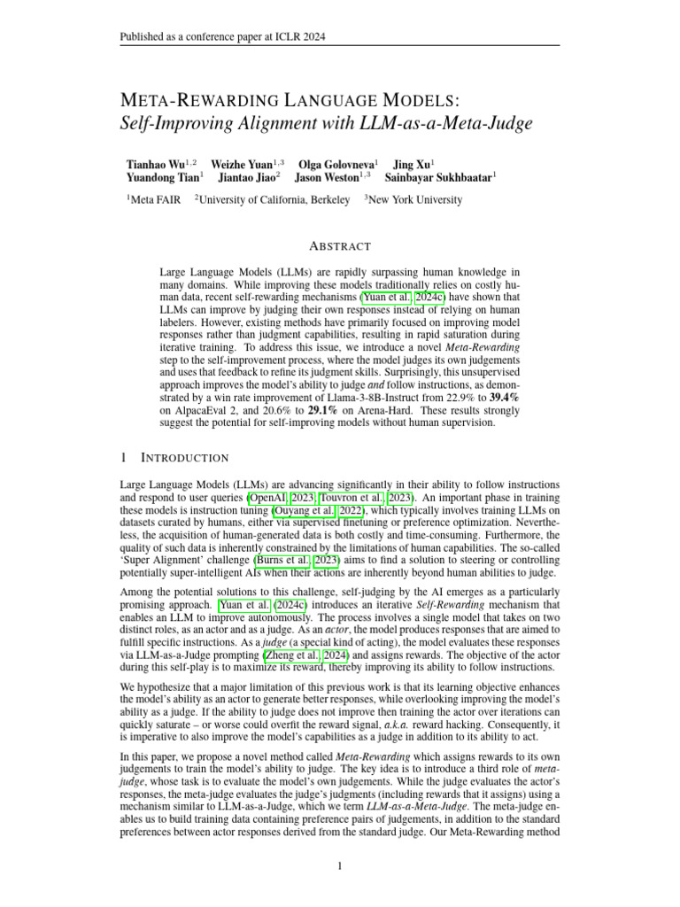 Meta-Rewarding Language Models: Self-Improving Alignment With LLM-as-a-Meta-Judge | PDF
