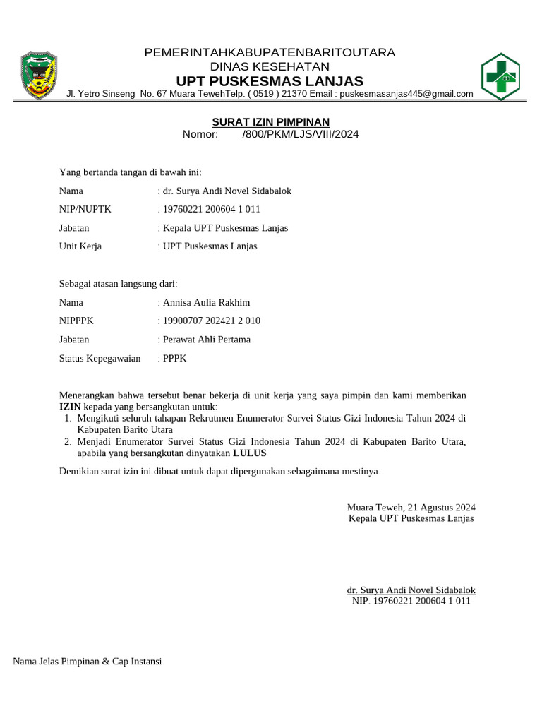 Surat Izin Pimpinan - Enumerator | PDF