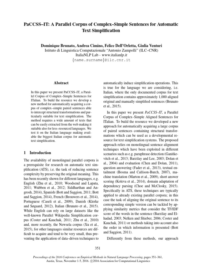Paccss-It: A Parallel Corpus of Complex-Simple Sentences For Automatic Text Simplification | PDF