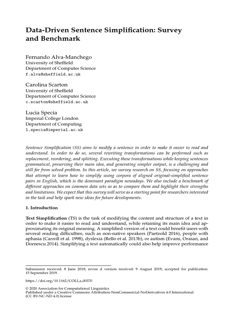 Data-Driven Sentence Simplification: Survey and Benchmark | PDF | Grammar | Computers