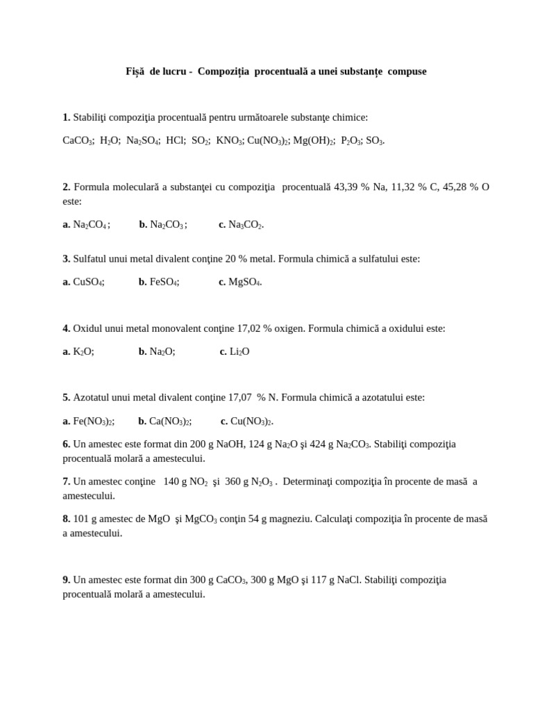 Fisa de Lucu Compozitia Procentuala A Unei Substante Compuse | PDF