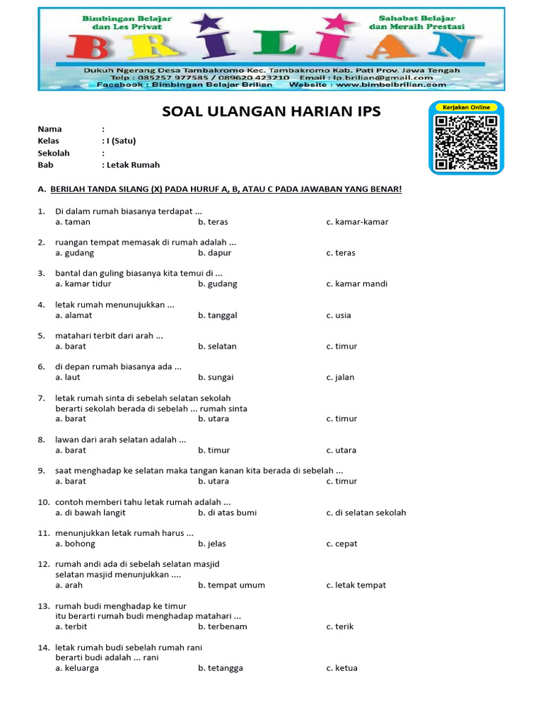 Soal IPS Kelas 1 SD Bab 6 Letak Rumah Dan Kunci Jawaban | PDF
