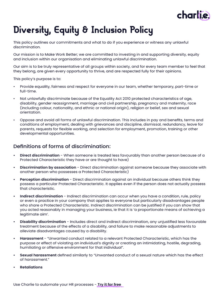 Diversity and Inclusion Policy | PDF