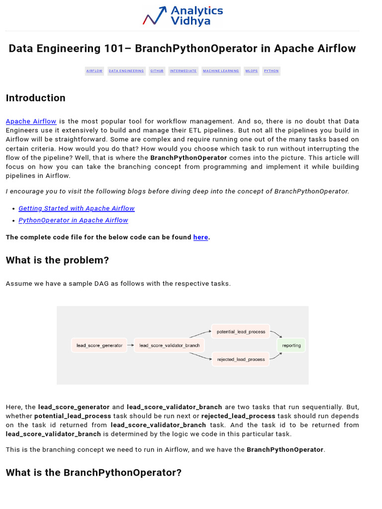 Data Engineering 101 Branchpythonoperator in Apache Airflow | PDF