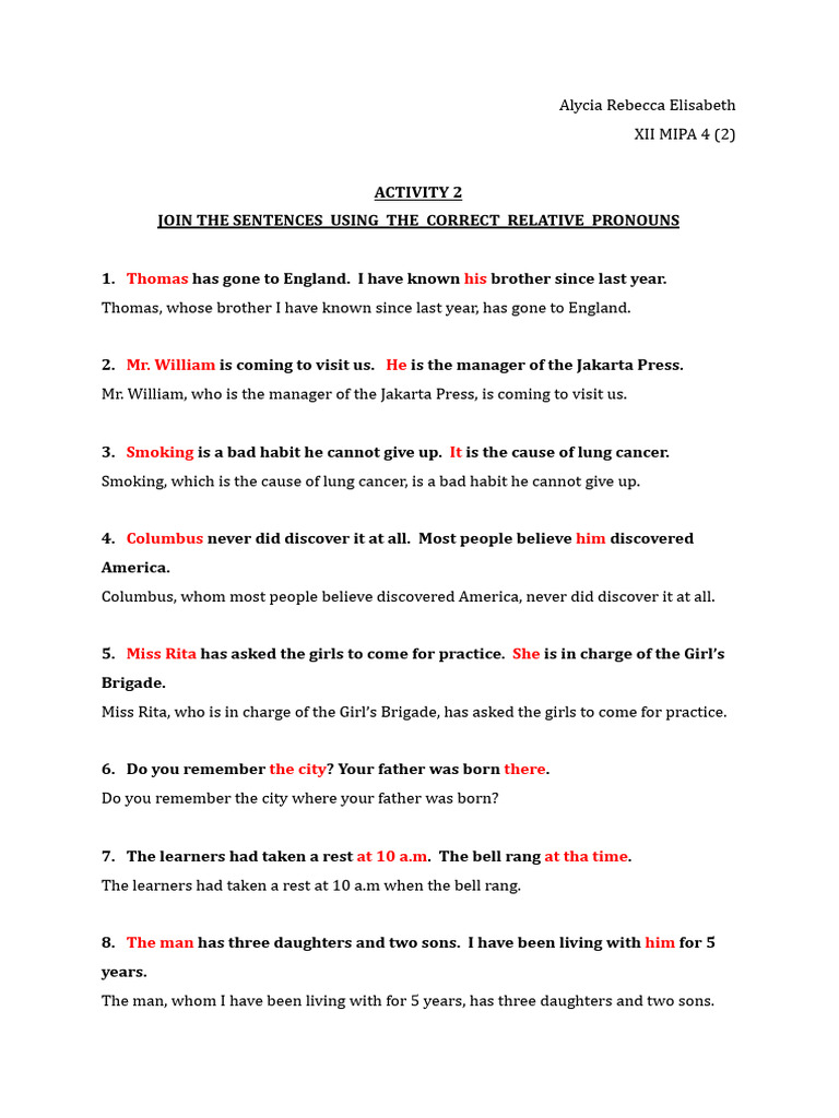 Adjective Clause Assignment | PDF