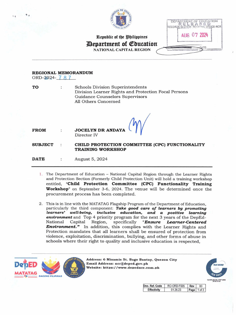 RM No. 787 S. 2024 Child Protection Committee Functionality Training ...