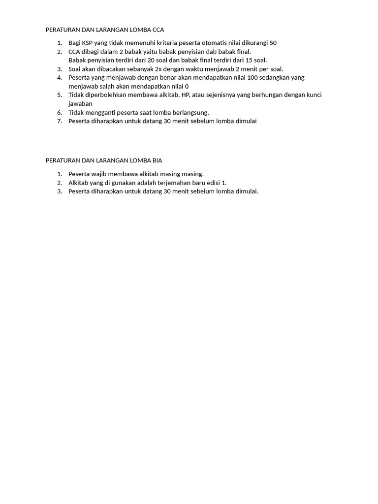 Peraturan Dan Larangan Lomba Cca | PDF