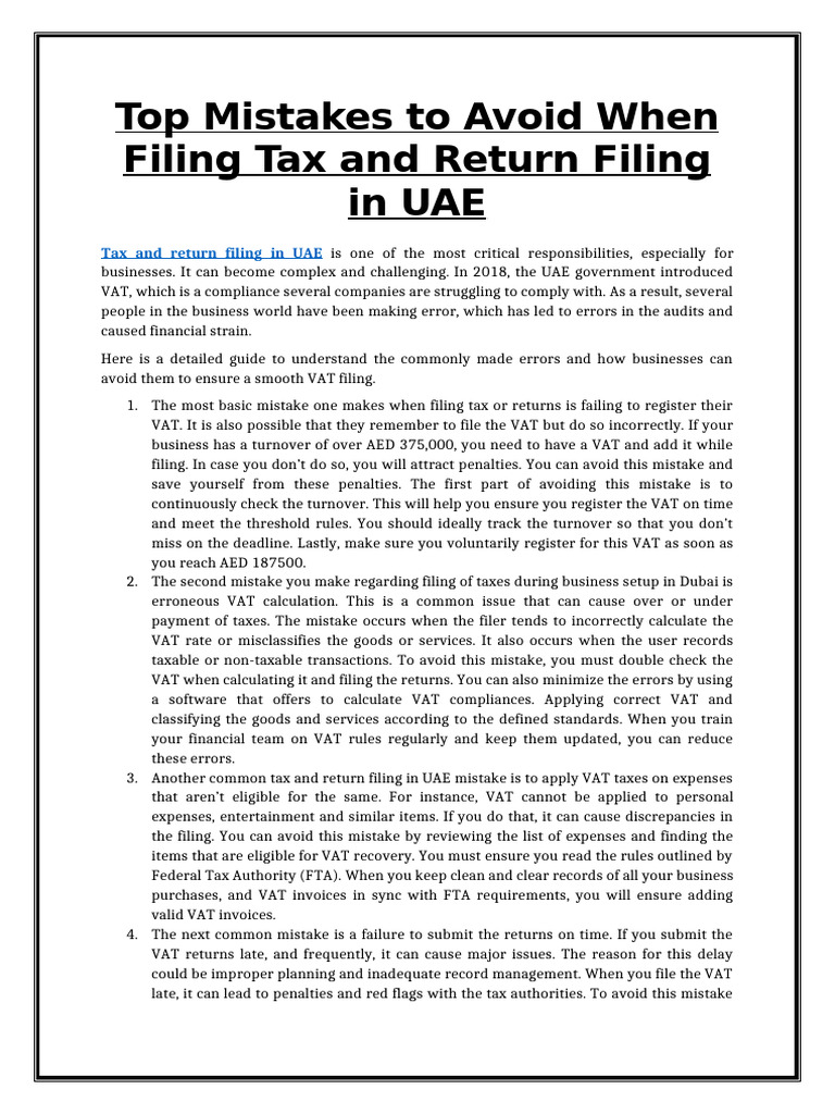 Top Mistakes To Avoid When Filing Tax and Return Filing in UAE | PDF ...