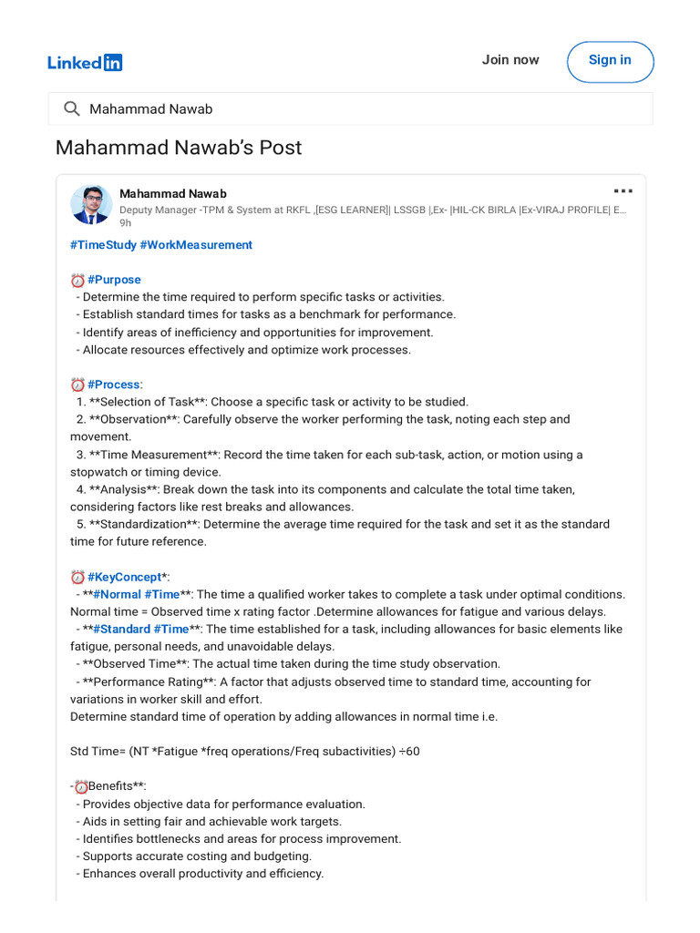 Mahammad Nawab On LinkedIn #Timestudy #Workmeasur | PDF | Business ...