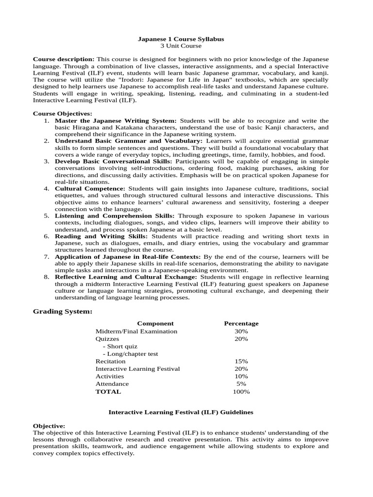 Japanese 1 Course Guidelines | PDF