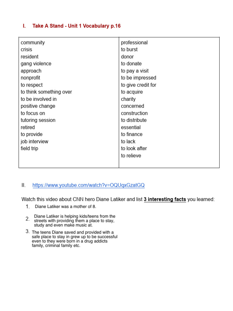 Edited - Take A Stand-Unit 1 Vocabulary P | PDF