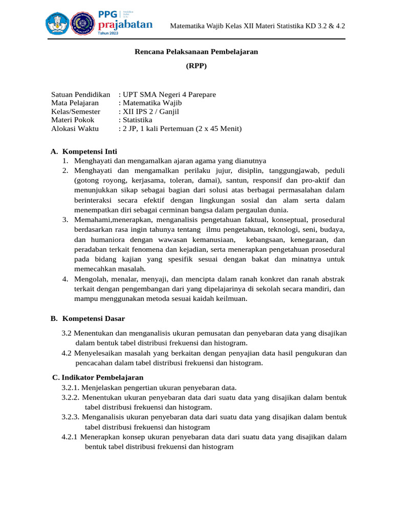 RPP Statistika (Simpangan Rata-Rata Data Kelompok) | PDF