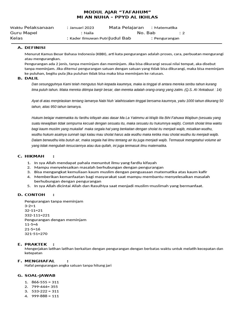 Modul Ajar Matematika: Pengurangan | PDF
