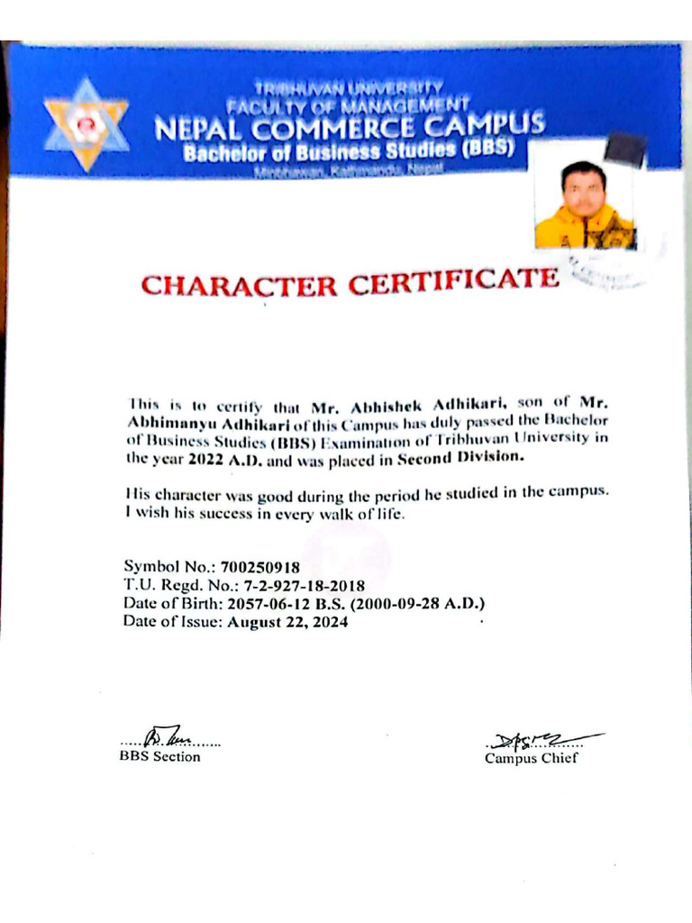 Bachelor Character Certificate | PDF