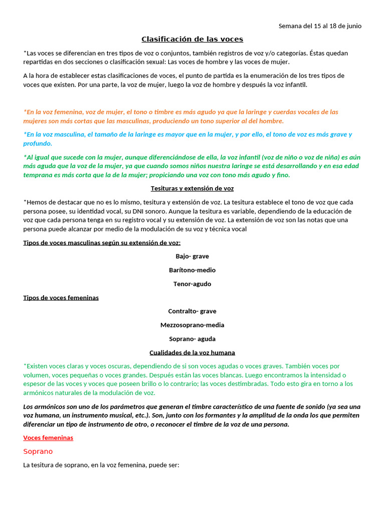 Clasificacion de Las Voces. 1 Año | PDF | Música vocal | Artes del ...