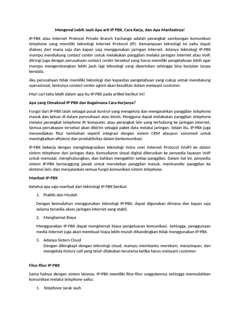 Mengenal Lebih Jauh Apa arti IP PBX, Cara Kerja, dan Apa Manfaatnya!rbd1312 | PDF