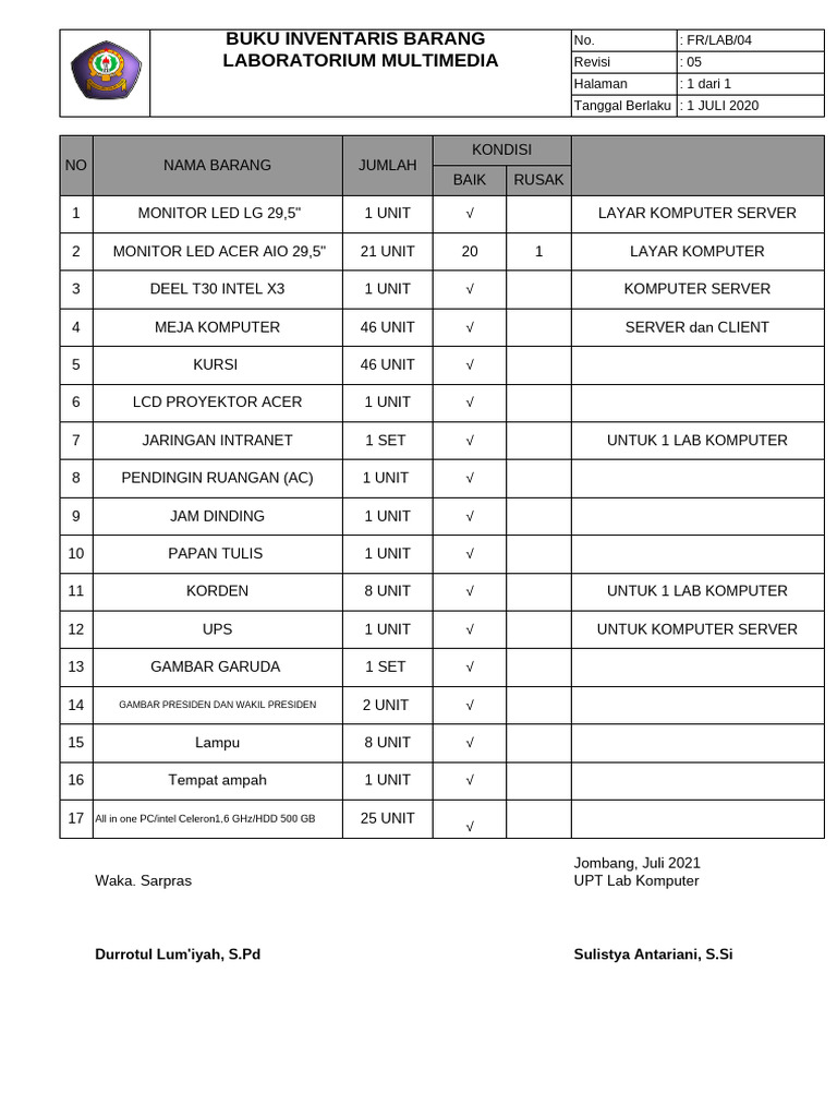 Daftar Inventaris Barang LAB Multimedia | PDF
