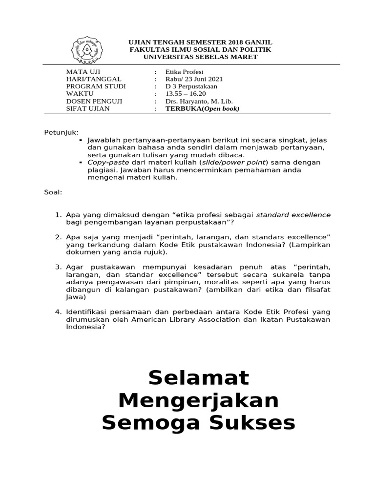 Selamat Mengerjakan Semoga Sukses | PDF