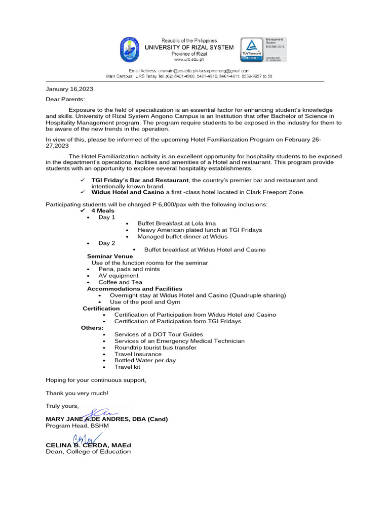 Letter Parent Hotel Familiarization | PDF