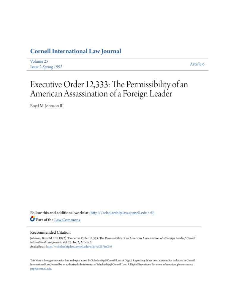 Executive Order 12333 - The Permissibility of An American Assassi | PDF