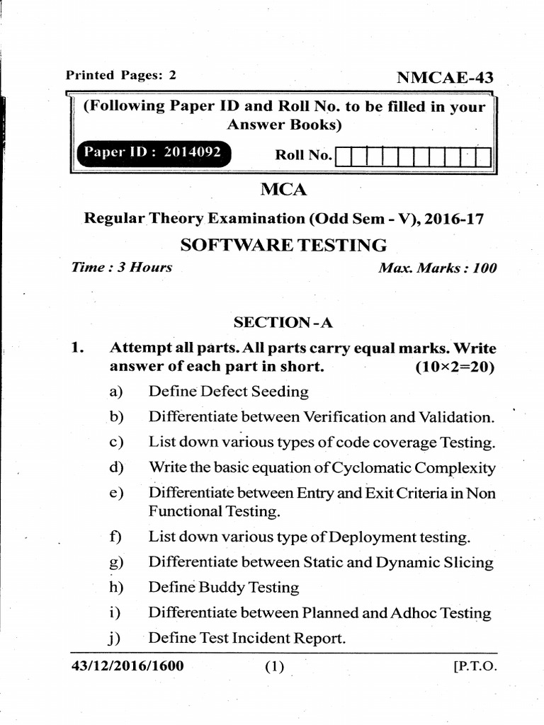 Mca 5 Sem Software Testing Nmcae 43 2016 17 | PDF