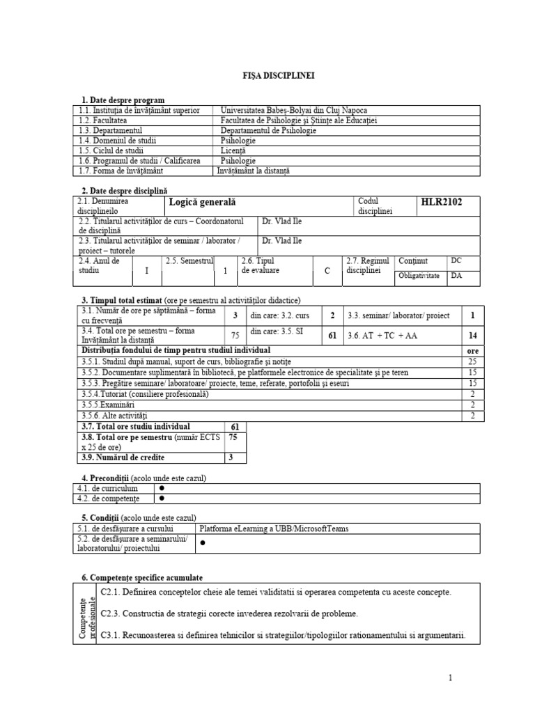 Fișa Disciplinei - Logică Generală ID | PDF