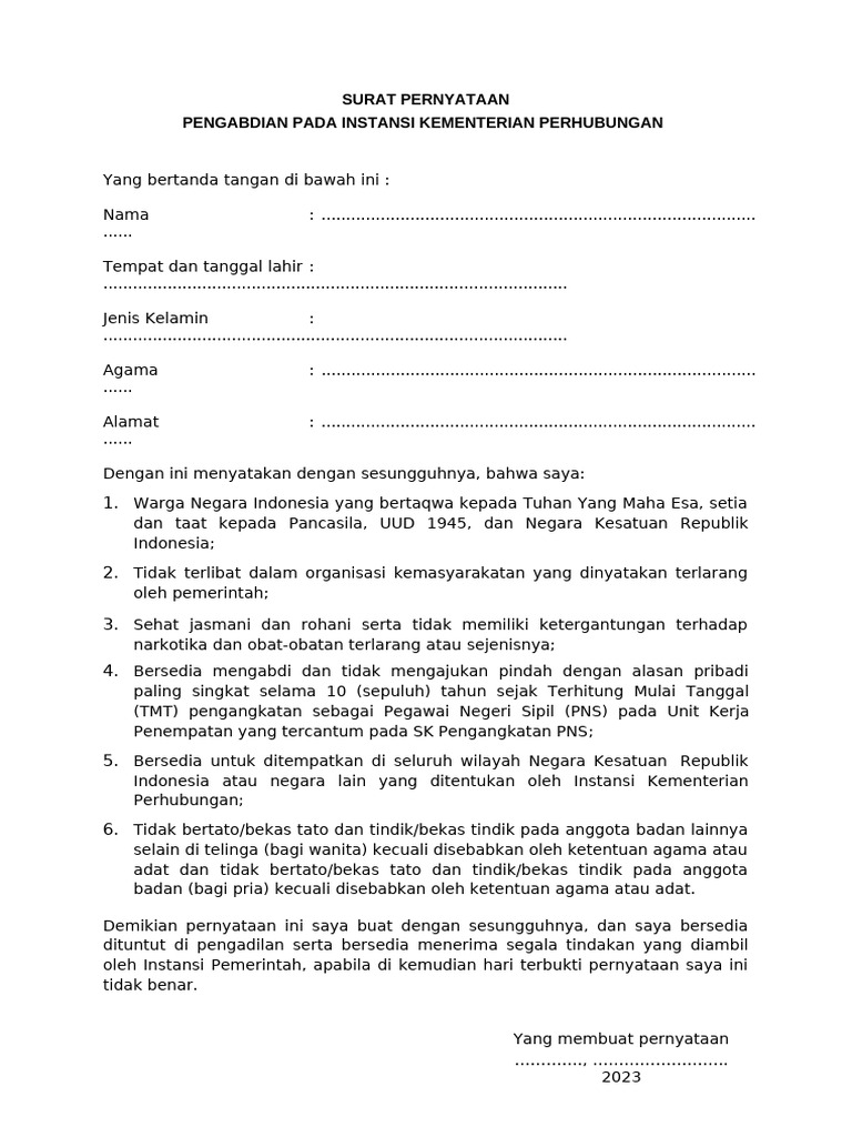 Form Surat Pernyataan 6 Poin Pengabdian CPNS Polbit Baru | PDF