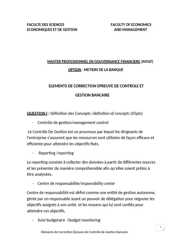 Elements de Correction Epreuve Controle de Gestion Bancaire | PDF