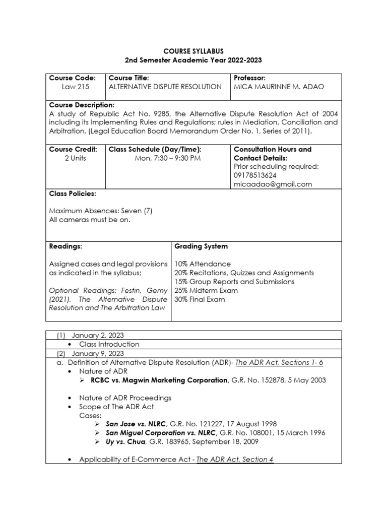 ADR Syllabus AY 2022 2023 MMA 1 | PDF