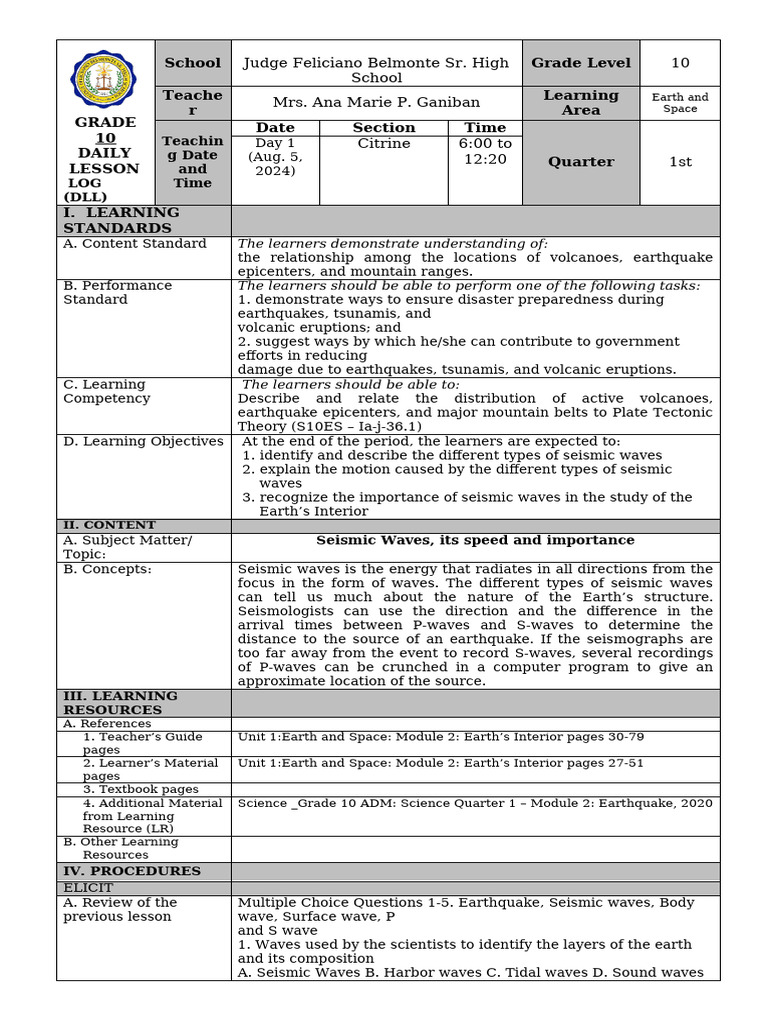 DLL G10 SCIENCE Seismic Wave, Performance Task, Triangulation Method | PDF